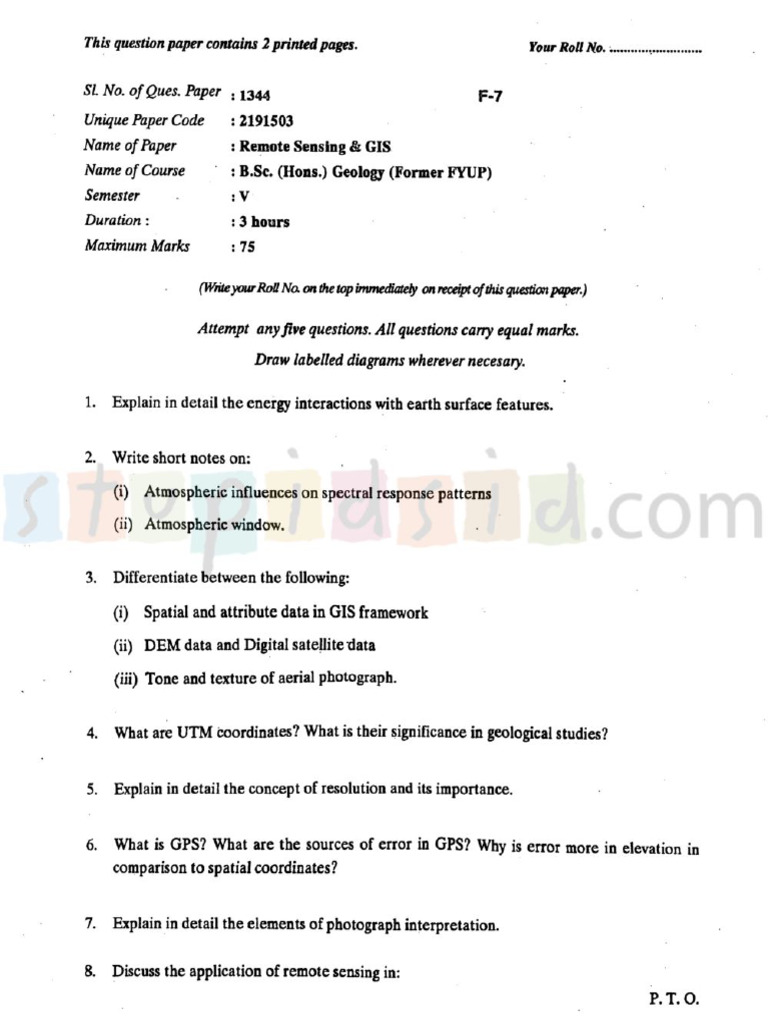 B.sc. (Hons.) V Geology (Former Fyup) Remote Sensing & Gi-1344 | PDF