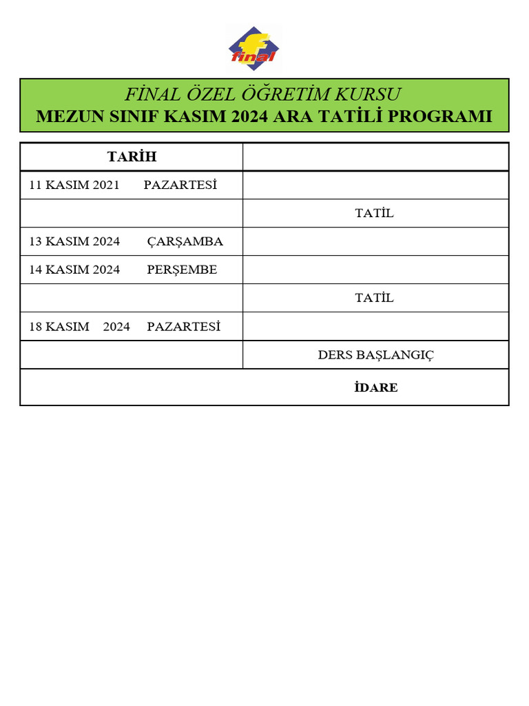 Mezun .Sinif Kasim Ara Tati̇l Prog. | PDF
