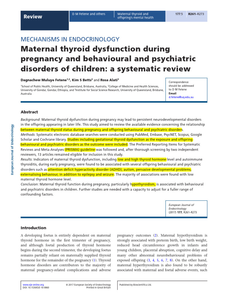Maternal Thyroid Dysfunction During NEURODEVELOPMENT... 2018 | PDF ...