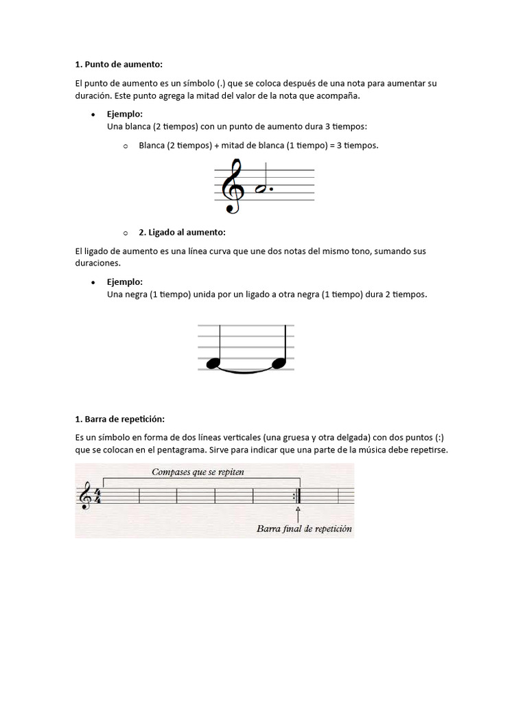 Barras de Repeticion Punto de Aumento | PDF | Teoría musical | Notación