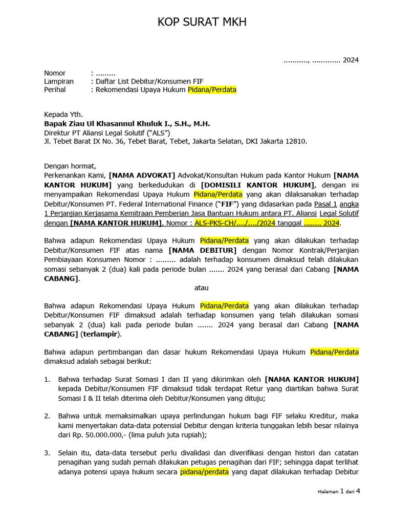 Contoh Draft Surat Pengantar (Rekomendasi Upaya Hukum) MKH To Als | PDF
