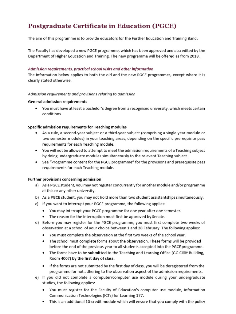 Postgraduate Certificate in Education (PGCE) | PDF | University And ...