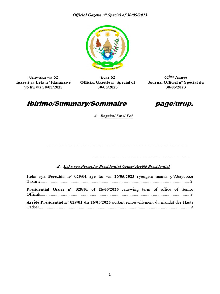 OG N Special of 30.05.2023 Itegeko Rigenga Umurimo Mu Rwanda Abayobozi ...