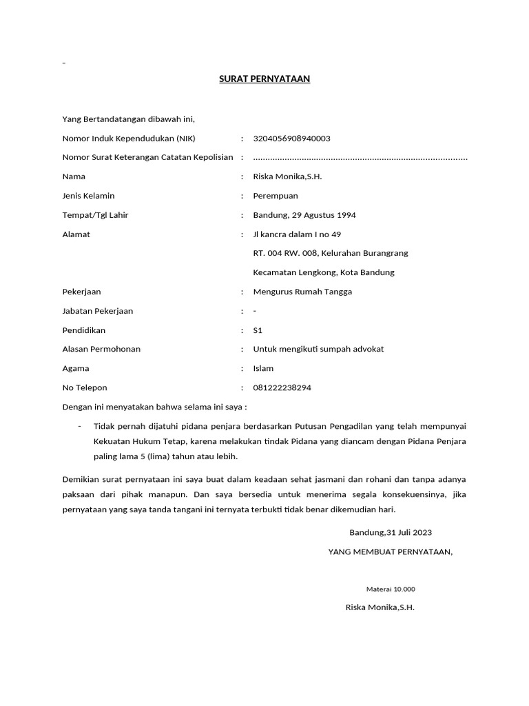 Form Surat Pernyataan Tidak Dipidana (PTSP) | PDF