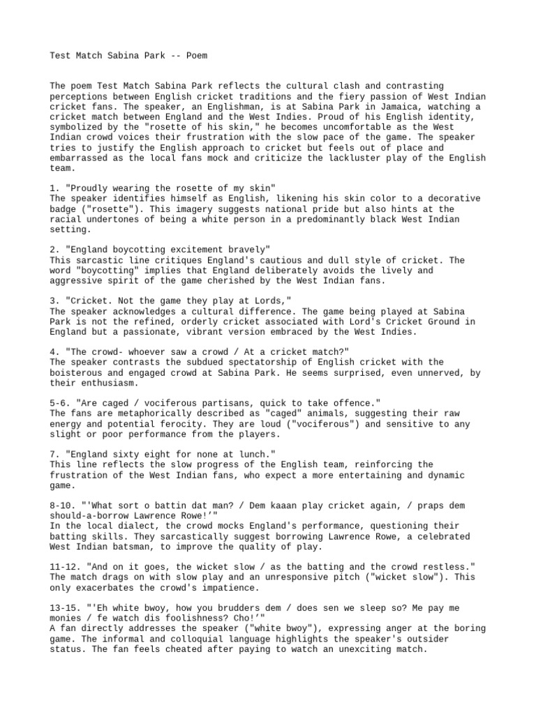 Test Match Sabina Park - Poem | PDF | Ball And Bat Games | Cricket