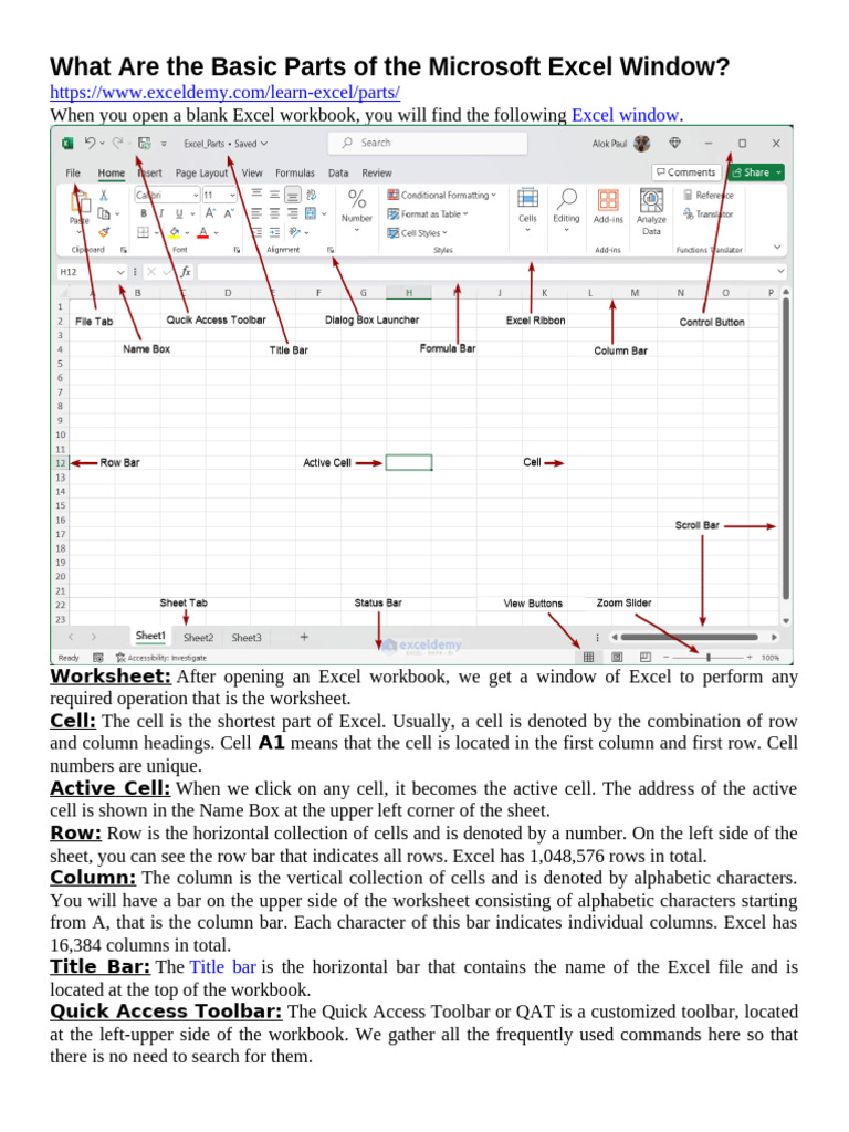 What Are The Basic Parts of The Microsoft Excel Window | PDF | Microsoft Excel | Window (Computing)