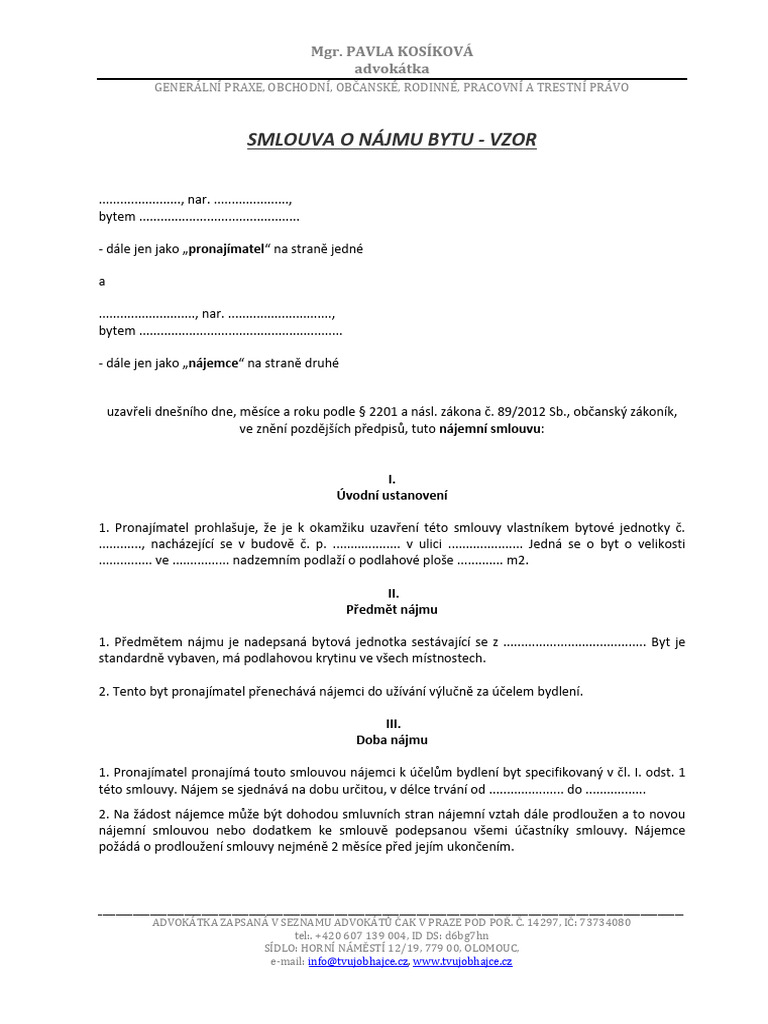 Nájemní Smlouva Byt VZOR | PDF