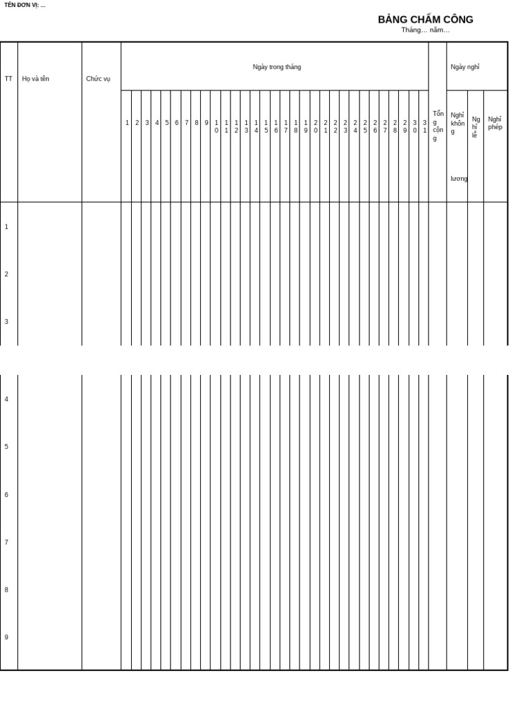 Mau Bang Cham Cong Word | PDF