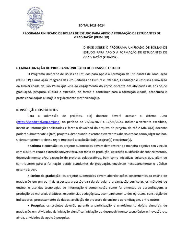 Edital de Bolsas de Estudo PUB-USP 2023-2024 | PDF | Universidade ...