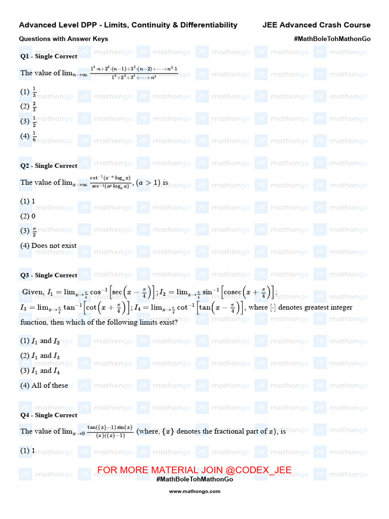 Advance Level DPP Limits Continuity Differentiation Codex | PDF | Function (Mathematics ...