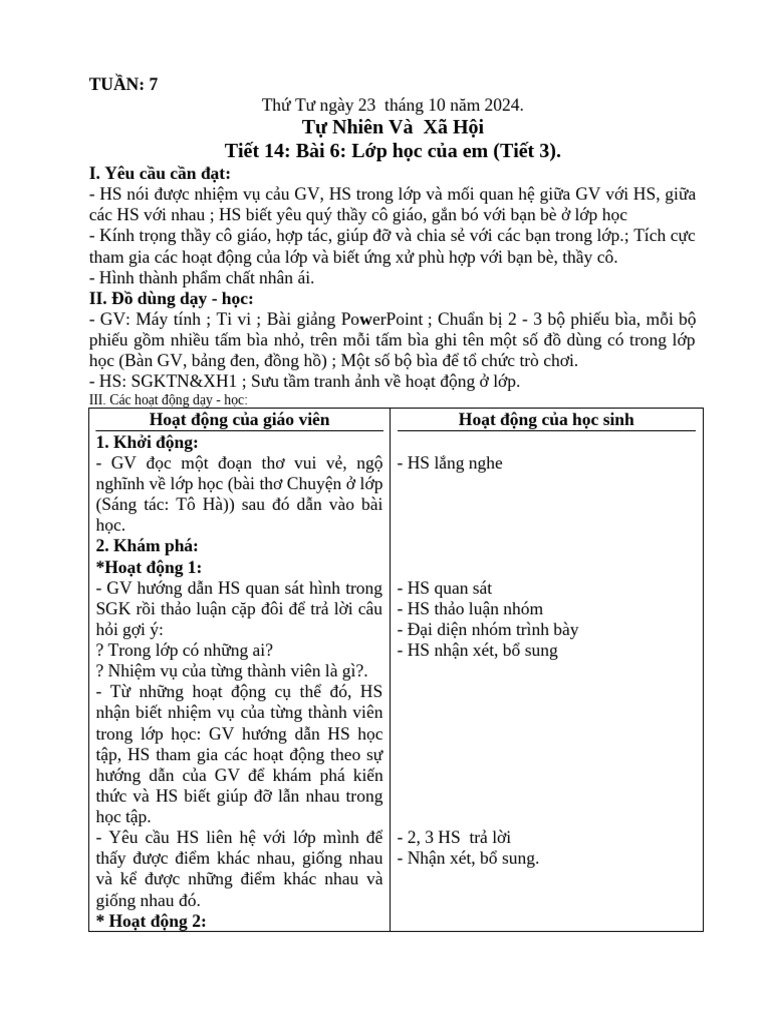Tiet 14 Bai 6 Lop Hoc Cua em Tiet 3 801b5 | PDF