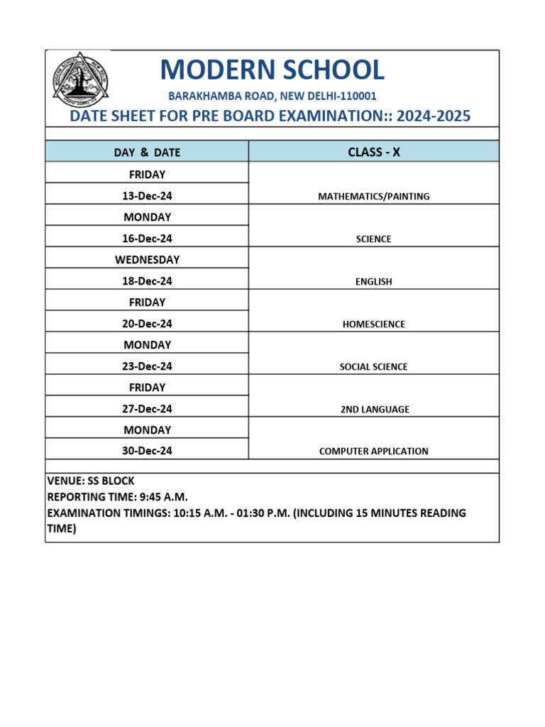 Date Sheet For Class X Pre Board Examination-2024-25 | PDF