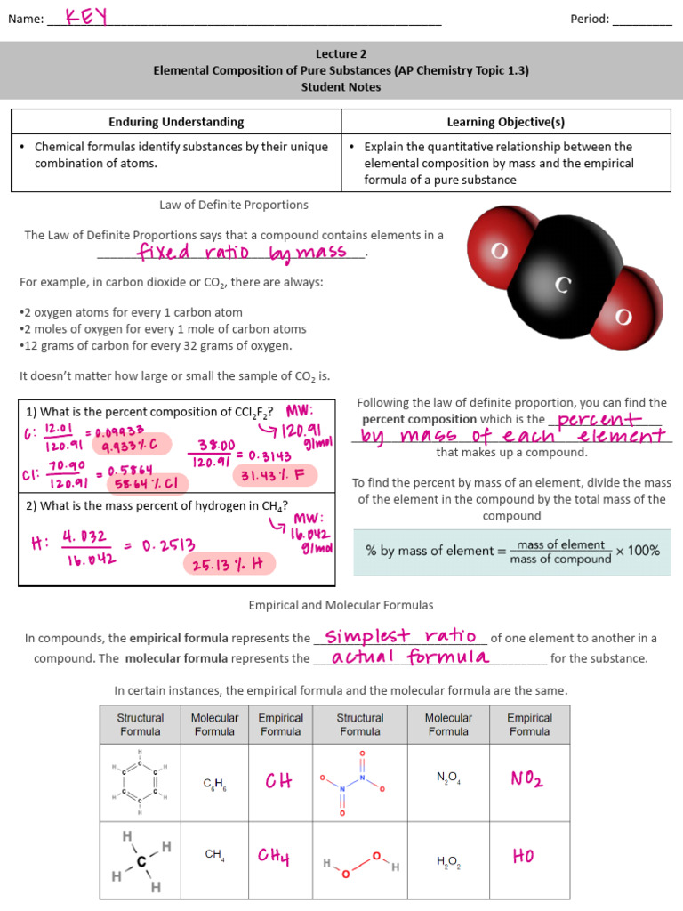 KEY Student Notes Lecture 2 Elemental Composition of Pure Substances ...