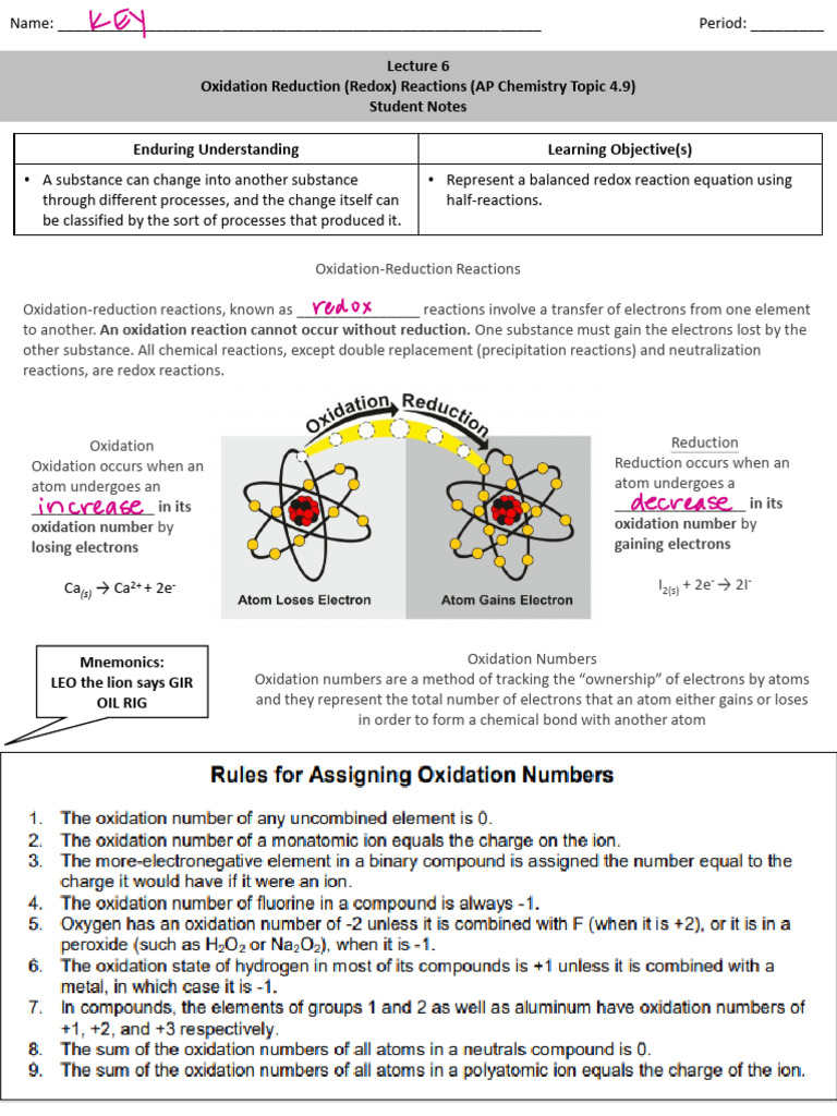 KEY Student Notes Lecture 6 Oxidation Reduction (Redox) Reactions | PDF ...
