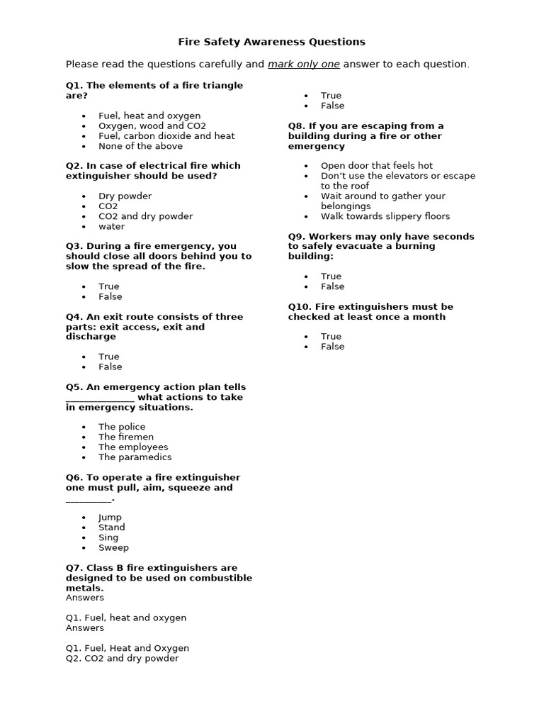 Fire Safety Quiz: Key Questions | PDF