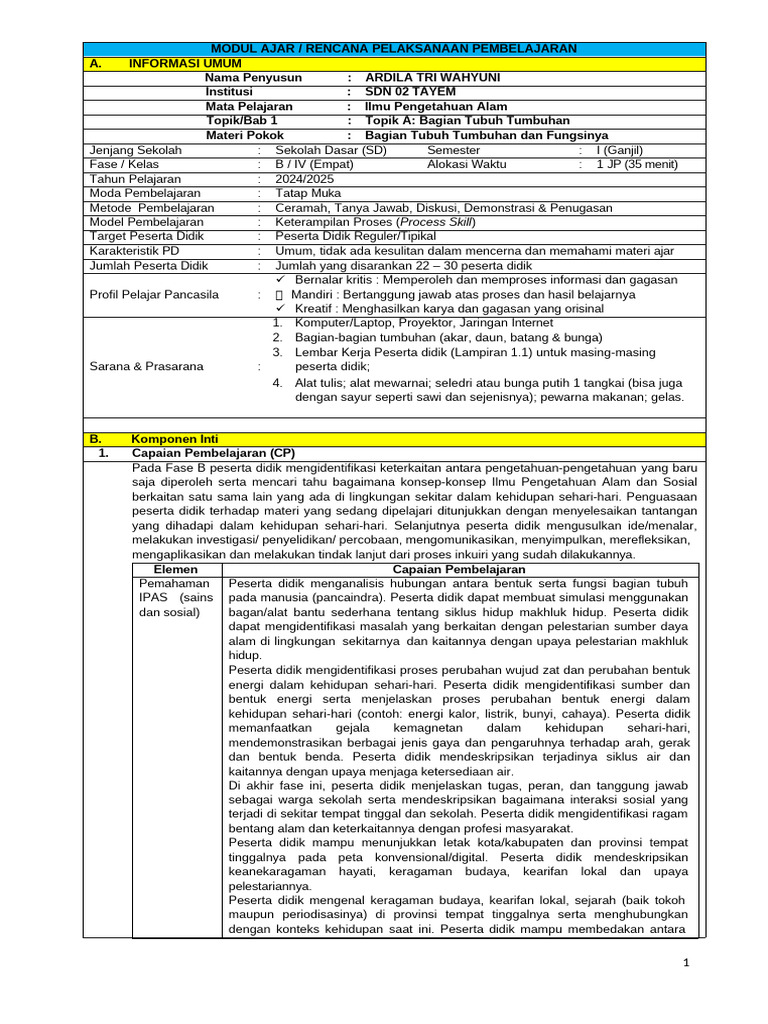Modul Ajar KLS 4 SMS 1 | PDF