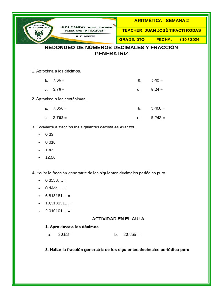 ARITMÉTICA - 5TO GRADO - Redondeo de Números Decimales y Fracción | PDF