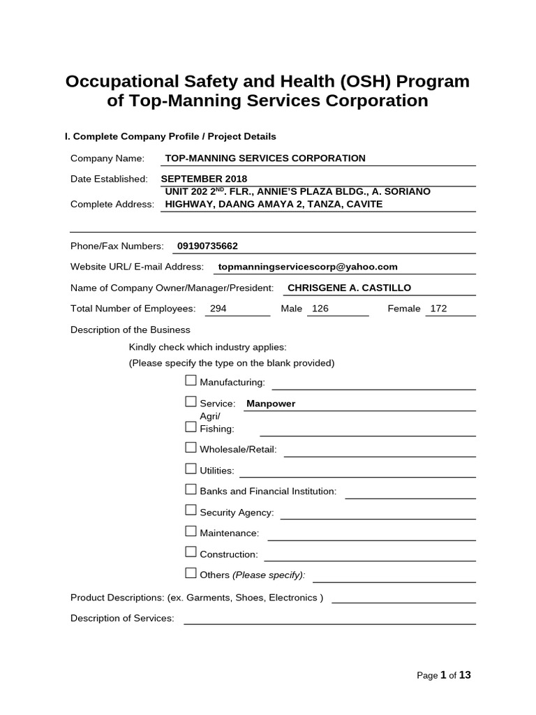 OSH Program Overview for Top-Manning Services | PDF | Occupational ...