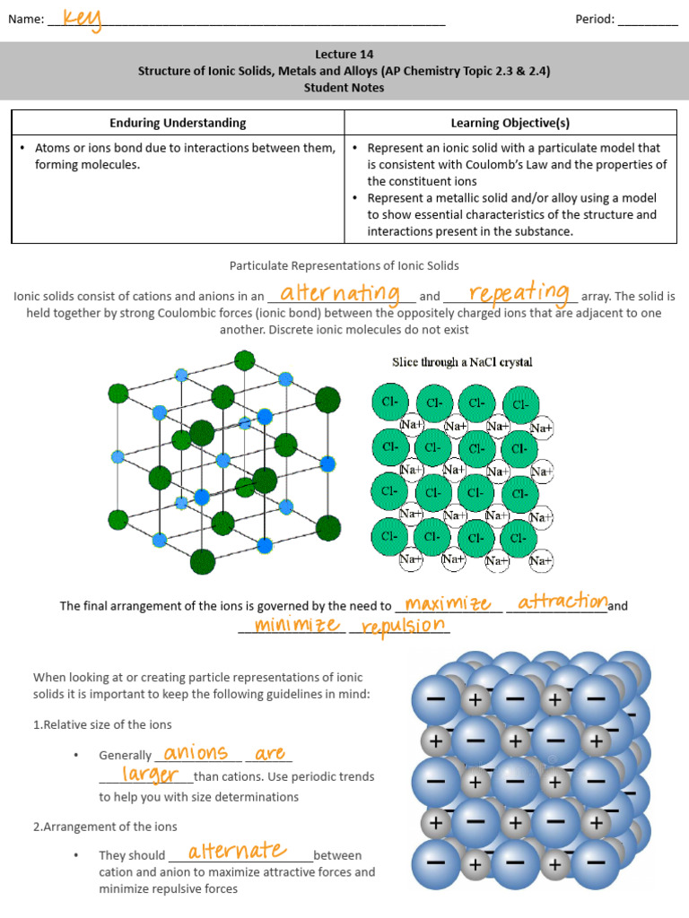 KEY Student Notes Lecture 14 Structure of Ionic Solids, Metals and ...