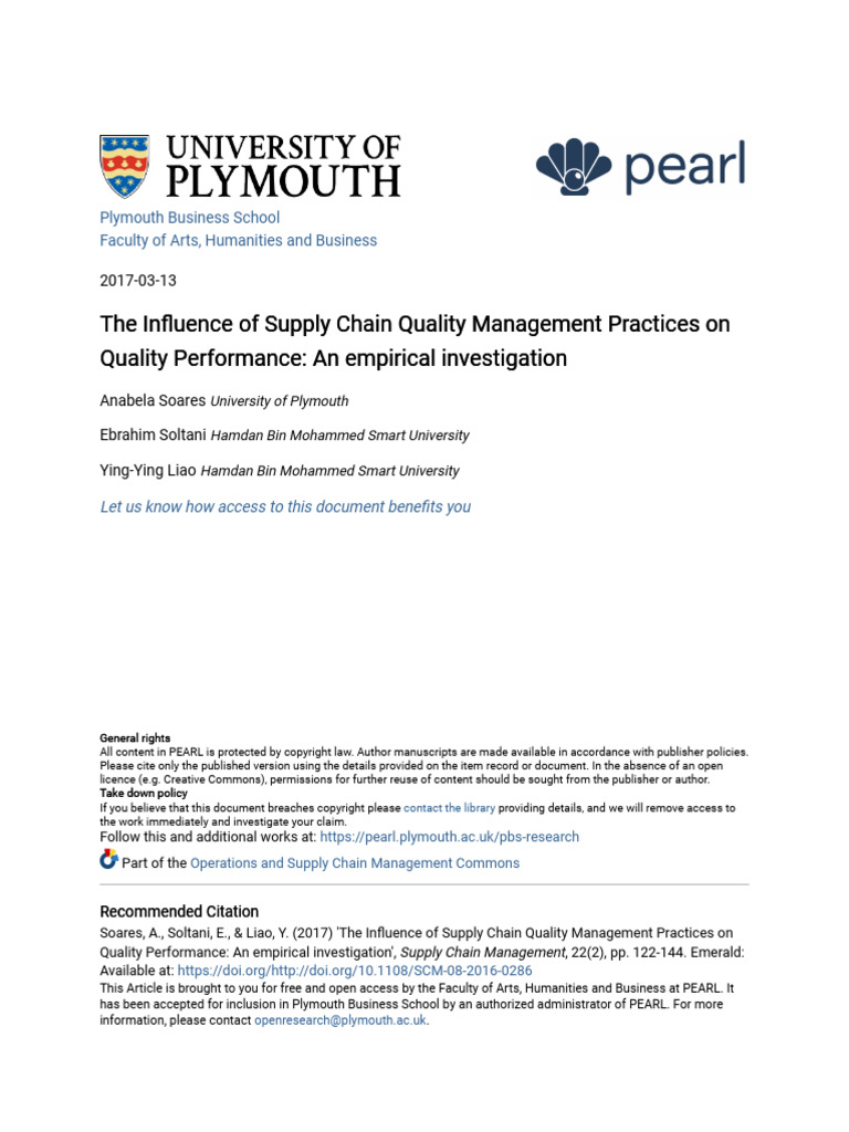 The Influence of Supply Chain Quality Management Practices On Qua | PDF ... The Influence of Supply Chain Quality Management Practices On Qua | PDF ...