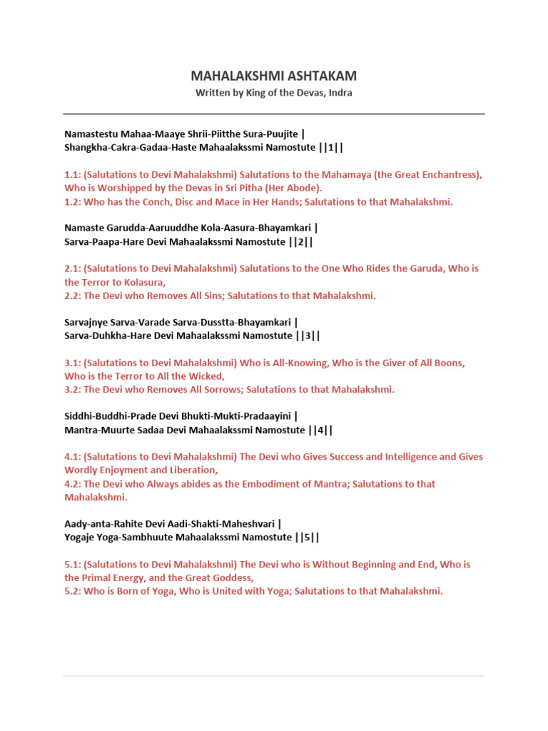 Krishna Mahalakshmi Ashtakam | PDF | Devi | Indian Religions