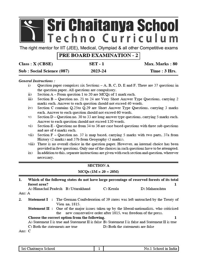 SOCIAL X CBSE PRE-BOARD 2 MS (Set-1) 2023-24 KA | PDF | Voting | Elections
