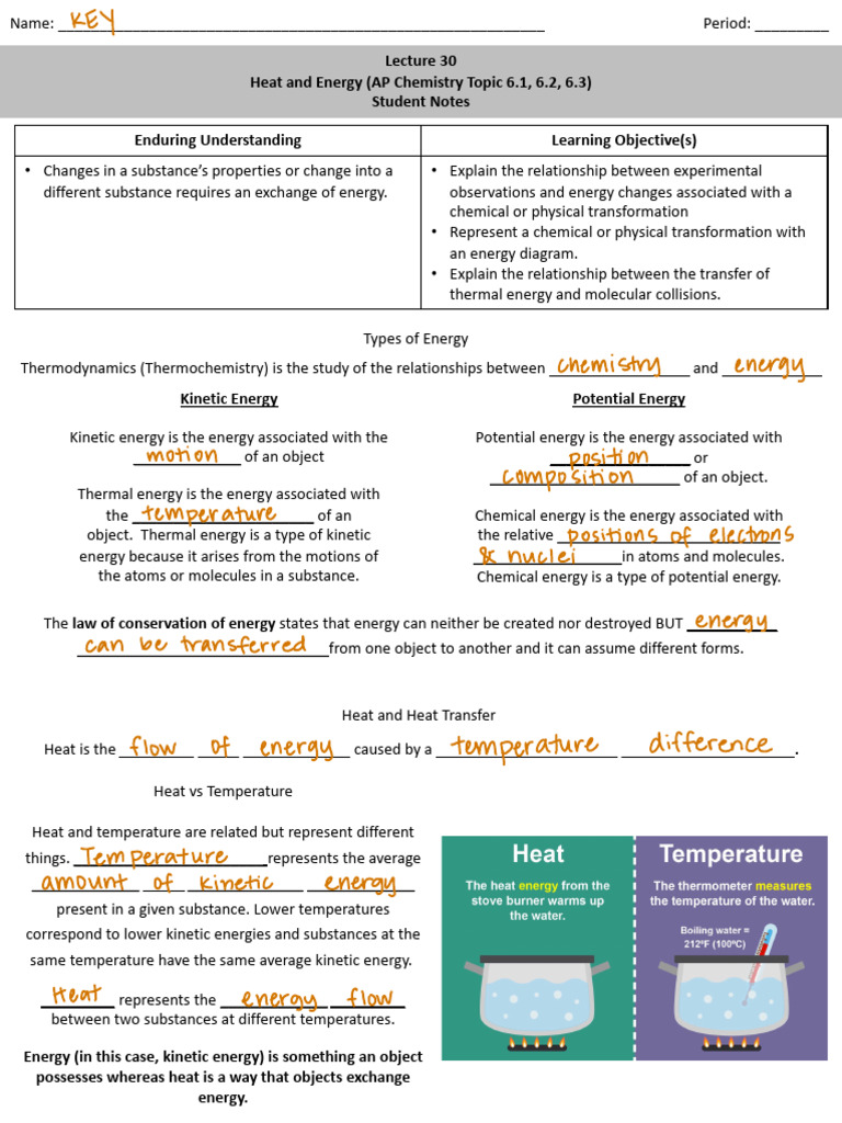 KEY Student Notes Lecture 30 Heat and Energy | PDF | Chemical Reactions ...