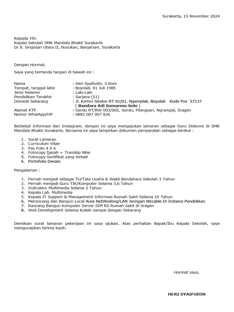 Lamaran Kerja Di SMK Mandala Bhakti Surakarta | PDF