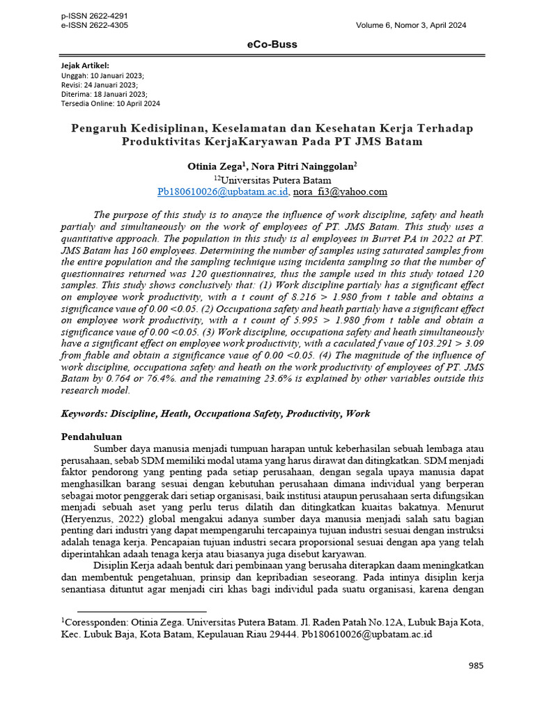 Artikel Pengaruh Kedisiplinan, Keselamatan & Kesehatan Kerja Terhadap ...