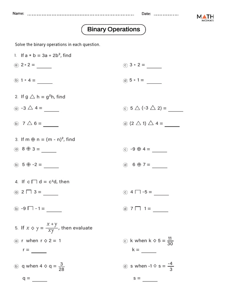 Binary Operations Worksheet | PDF