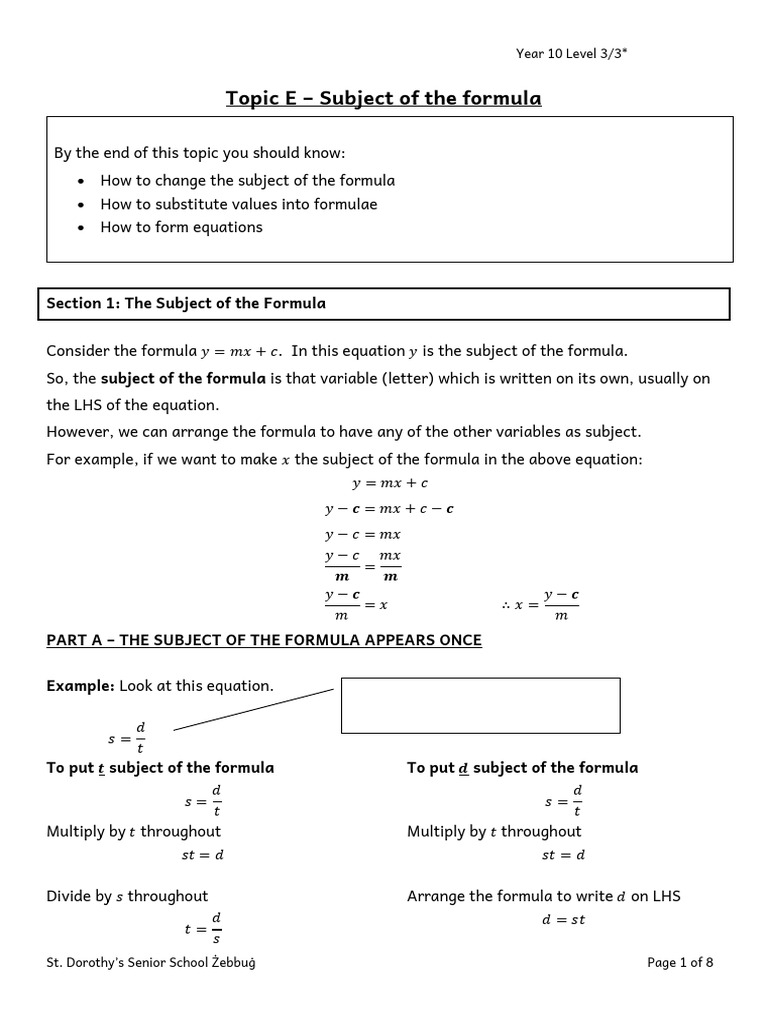 Topic E Subject of The Formula | PDF | Area | Numbers