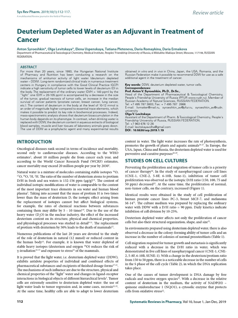 Deuterium Depleted Water As An Adjuvant in Treatment of Cancer | PDF ...