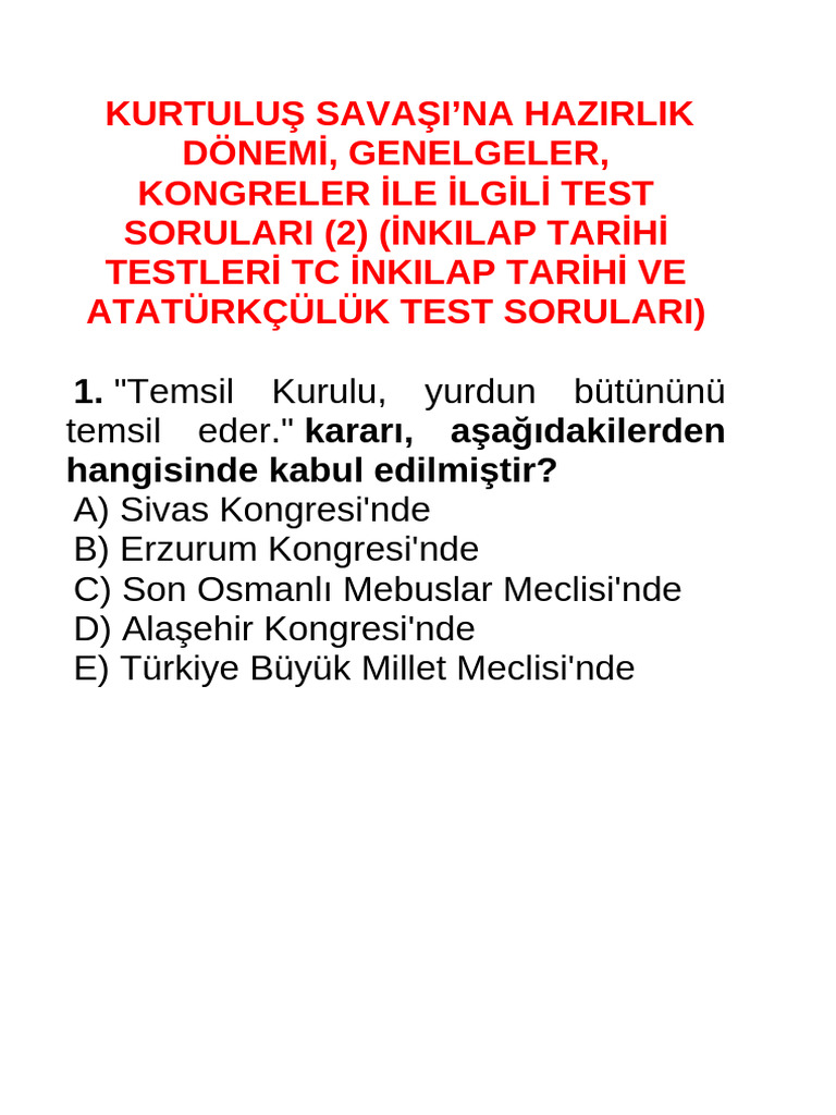25 Soru Kongreler Test 2 | PDF