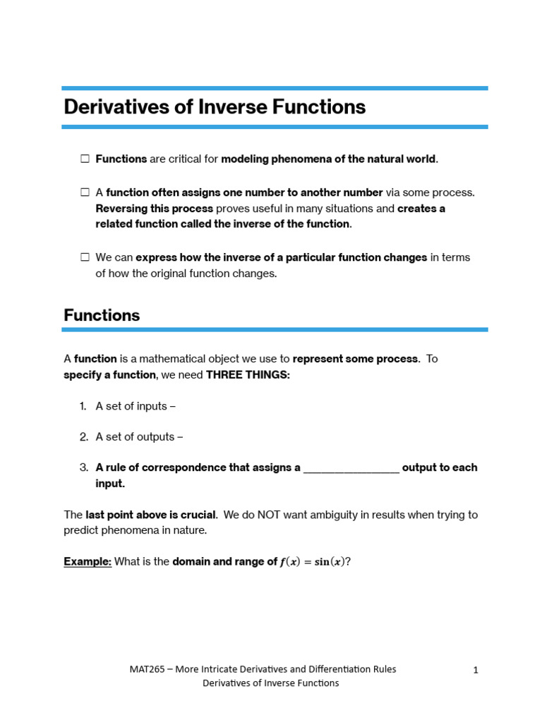 MAT265 - 3.1 - Derivatives of Inverse Functions | PDF | Function ...