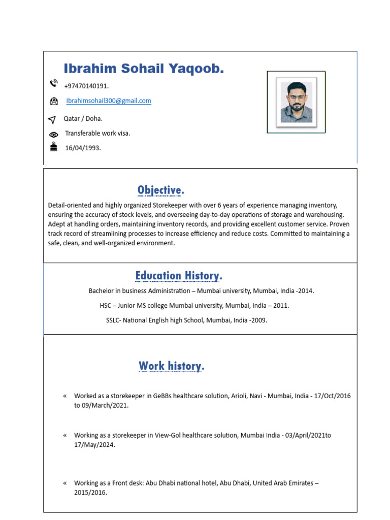 Ibrahim Sohail Yaqoob Store Keeper Resume..pdf 2024 | PDF | Warehouse | Inventory