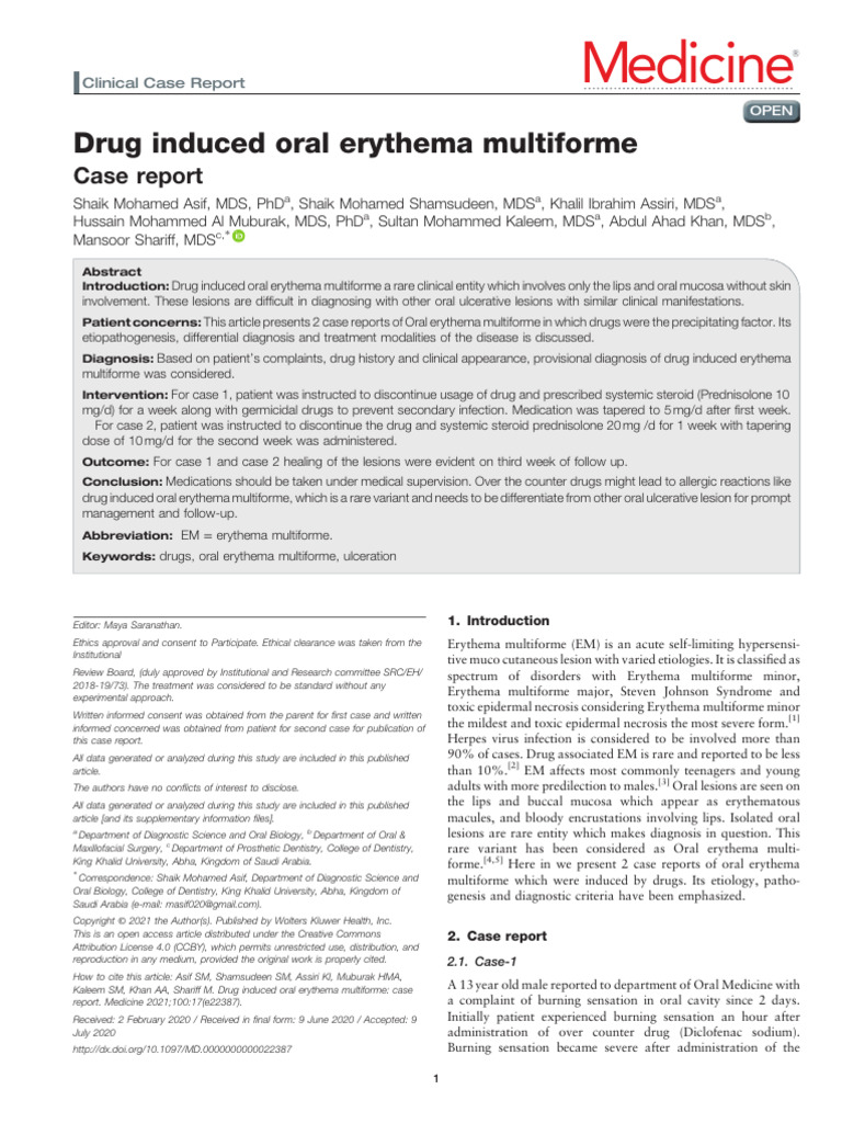 Drug Induced Oral Erythema Multiforme Case Report.1 | PDF | Medical ...