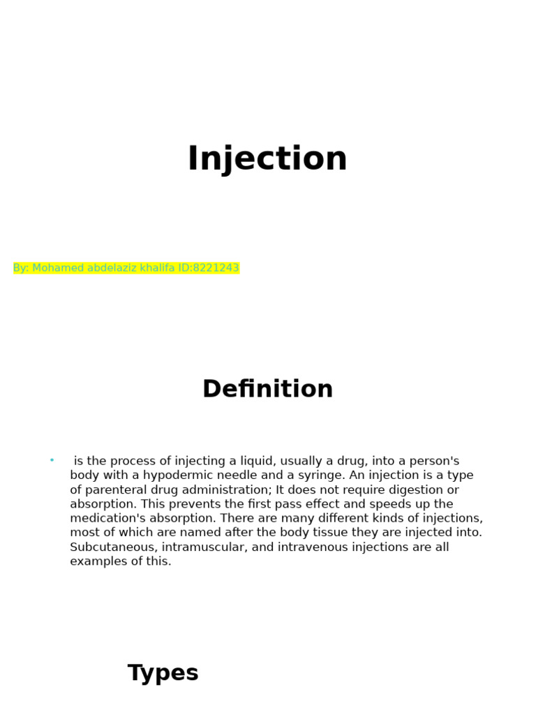 Injection | PDF | Injection (Medicine) | Intravenous Therapy