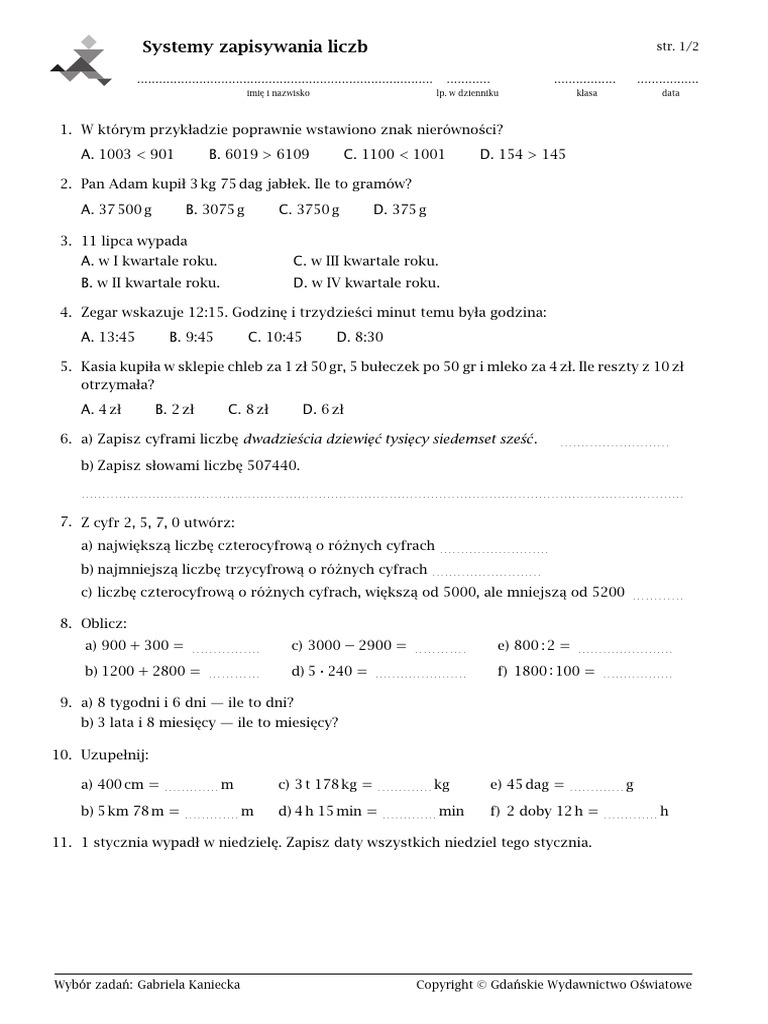 Systemy Zapisywania Liczb Sprawdzian. | PDF
