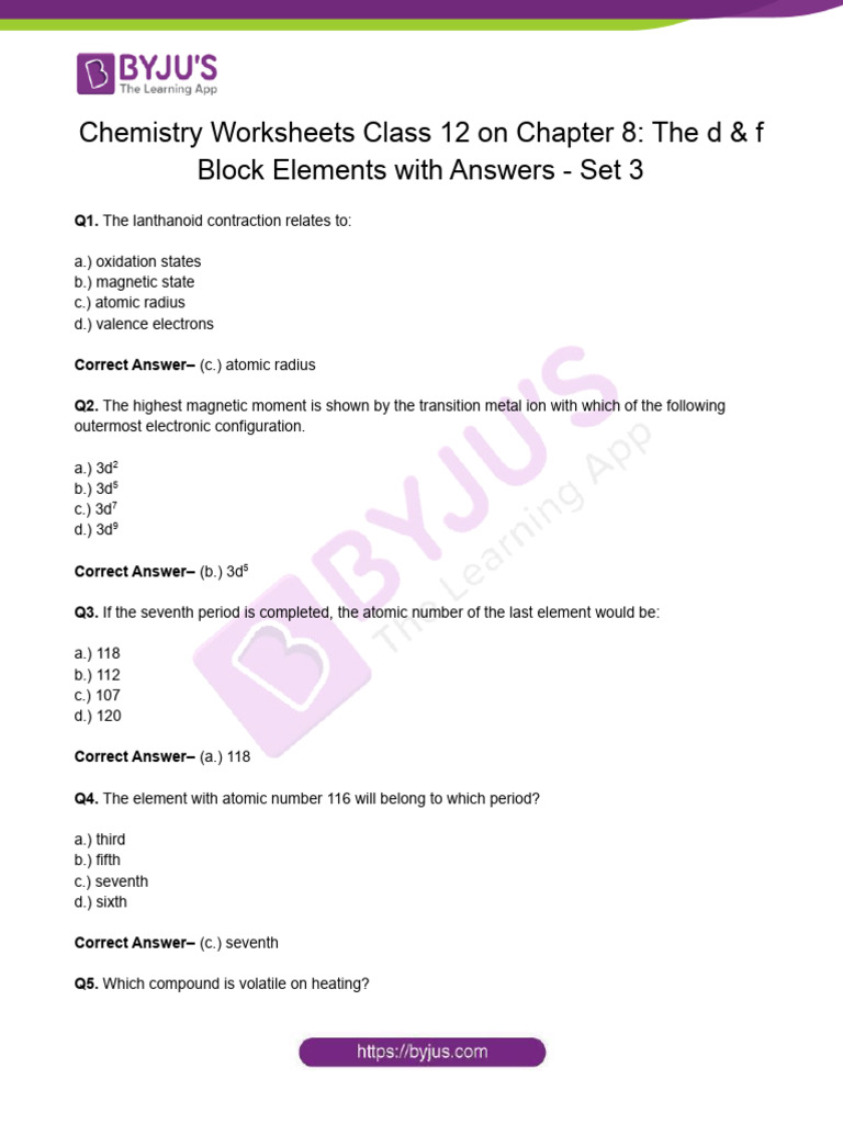 Chapter 8 - The D F Block Elements Worksheet Answers Set 3 | PDF | Transition Metals | Electron ...