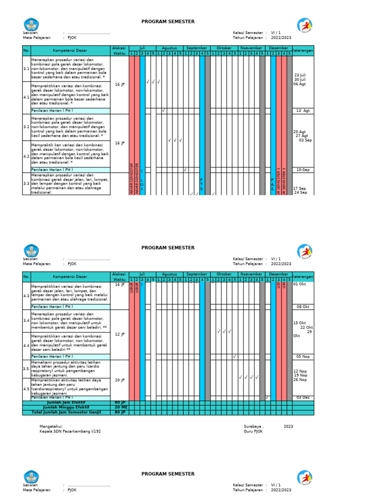 03 Prosem Pjok 2020 Kelas 6 Sem 1 Tahun 2023 | PDF