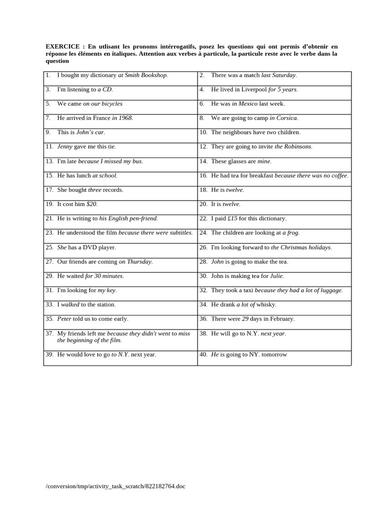 Pronoms Interrogatifs Et Questions Exo02 | PDF