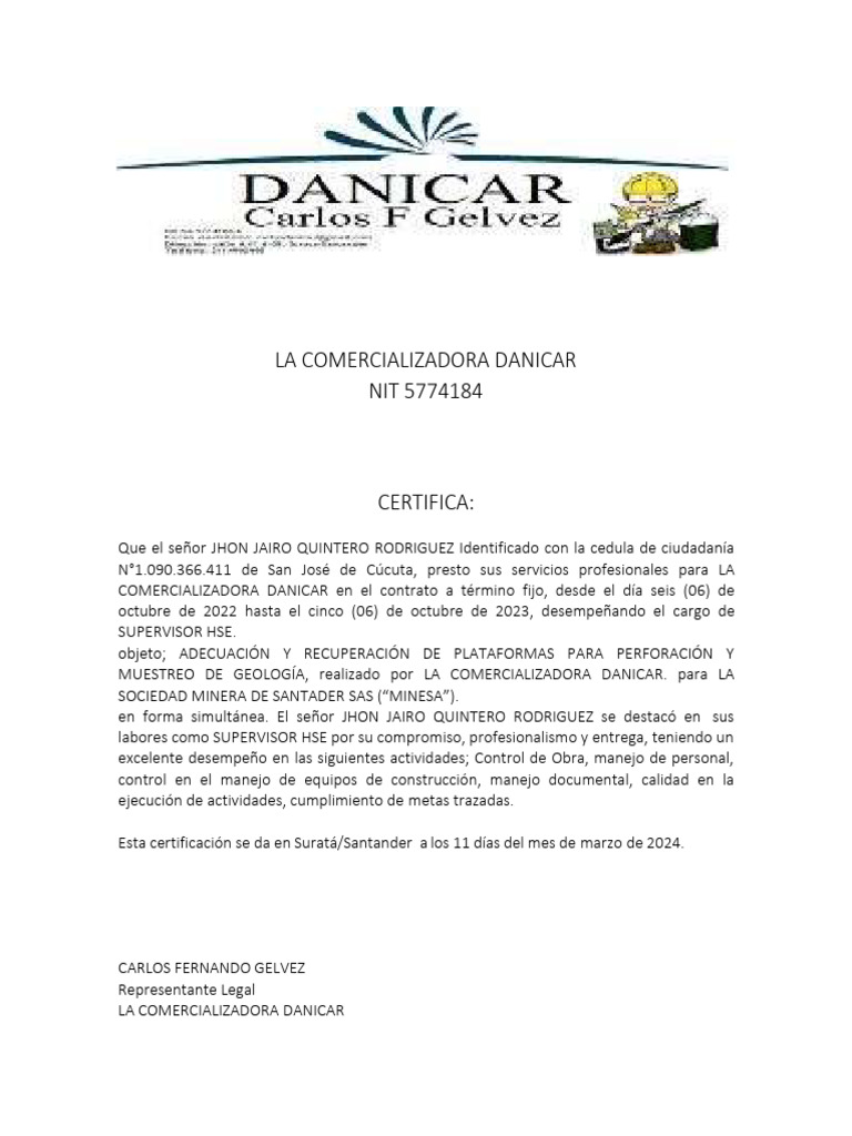 Certificación Laboral Jhon Jairo Quintero | PDF