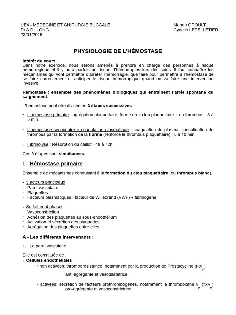 Mécanismes de l'Hémostase et Coagulation | PDF | Coagulation | Thrombocyte