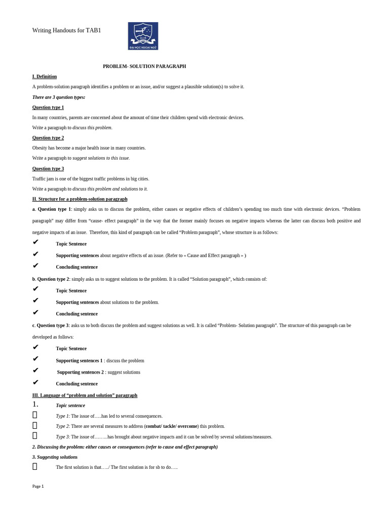 Writing Handout 7. ProblemSolutionParagraph | PDF | Traffic | Traffic ...