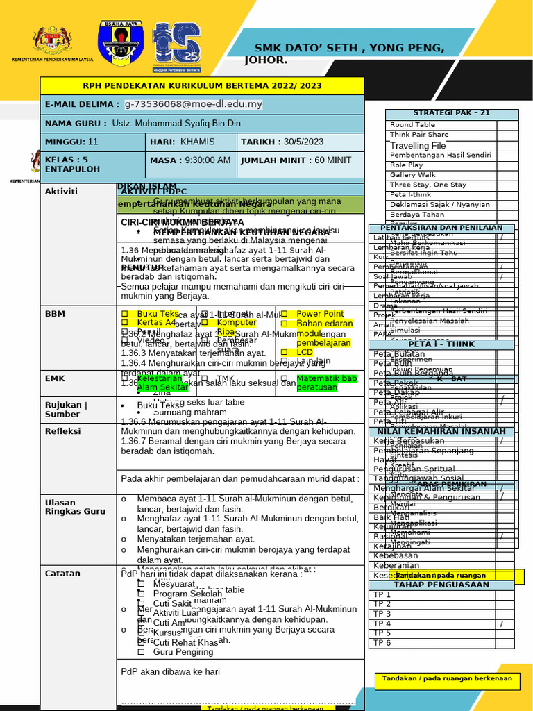 SMK Dato' Seth, Yong Peng, Johor.: G-73536068@moe-Dl - Edu.my | PDF