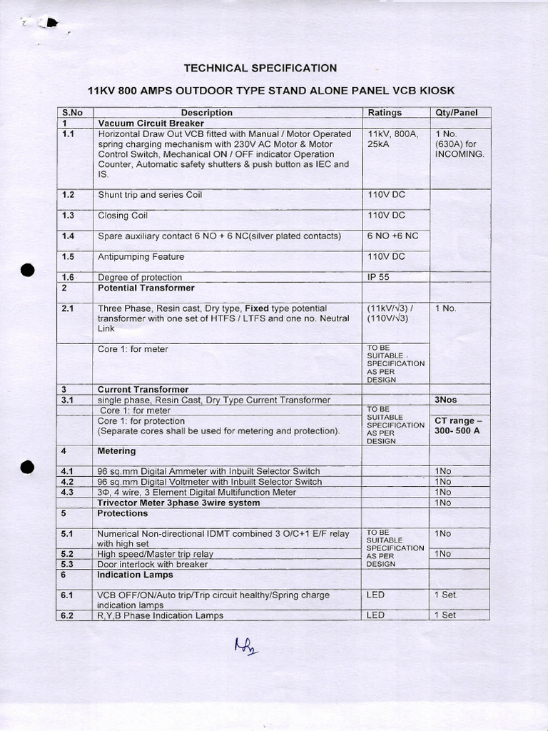 Technical Spech For Outdoor VCB Panel 1500460924 | PDF | Switch | Equipment
