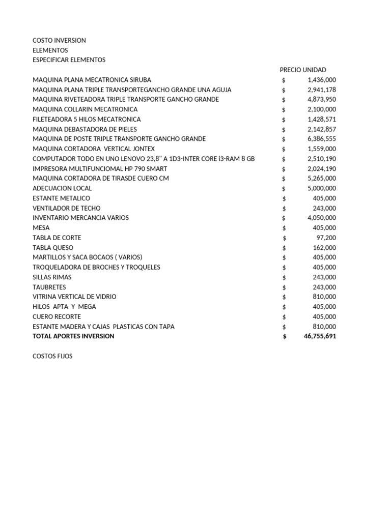 Costos de Inversion | PDF