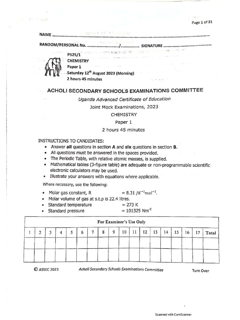 Assec Chemistry p1 Uace Mock Exam 2023 | PDF
