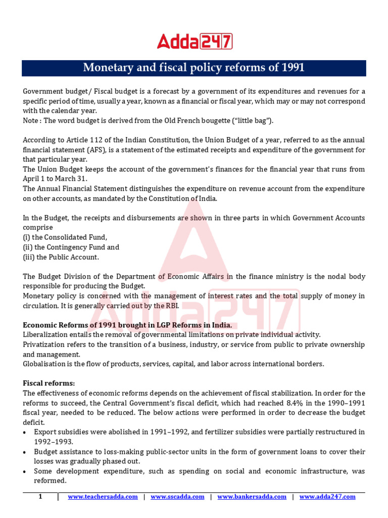 Monetary and Fiscal Policy Reforms of 1991 | PDF | Government Budget ...