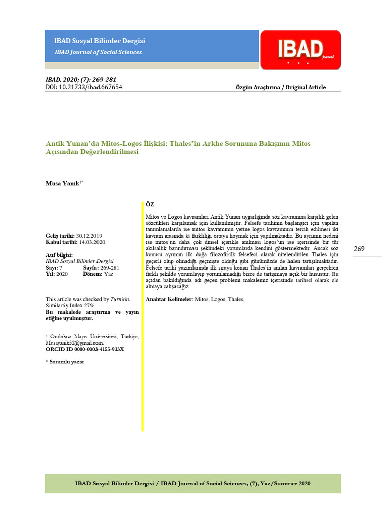 Antik Yunanda Mitos Logos Iliskisi Thale | PDF